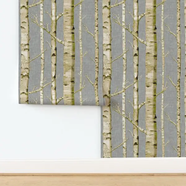 Spoonflower Birch Gray Forest Woods Traditional Wallpaper