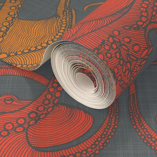Spoonflower Octopus Tentacles Nautical Orange Gray Animal 100% Natural Sisal Grasscloth Wallcovering - Gray,red,brown