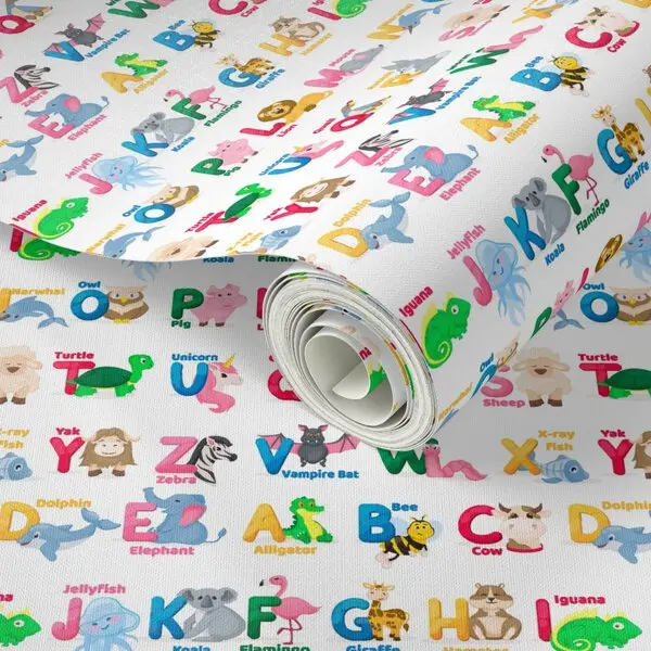 Spoonflower Alphabet Animals School Zoo Rabbit Dolphin Custom Pre-pasted Wallpaper - Gray,green,pink