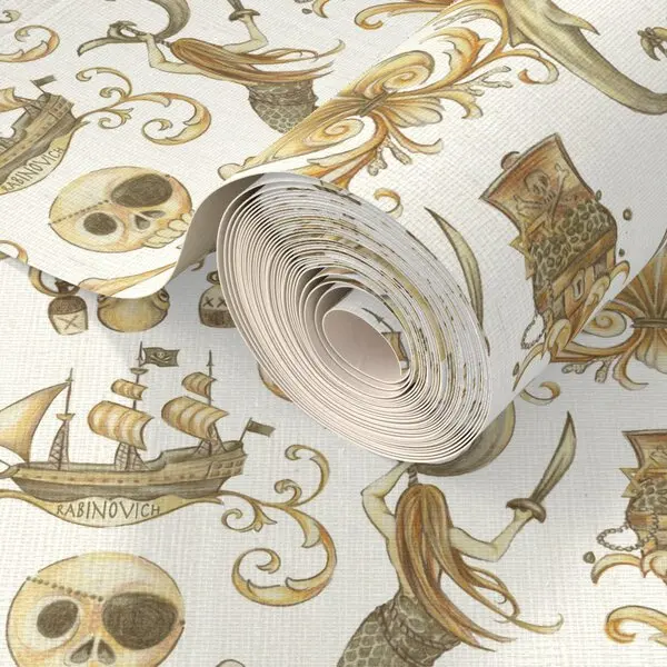 Spoonflower Nautical Rococo Damask Mermaid Whale Octopus 100% Natural Sisal Grasscloth Wallcovering - Beige,white,gray
