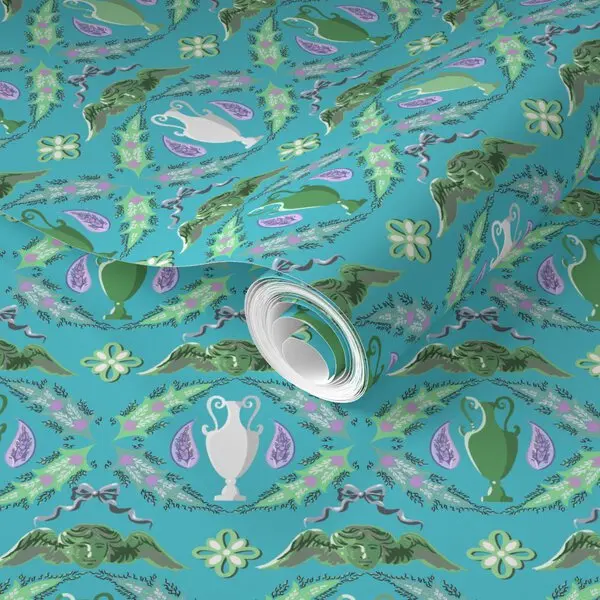 Spoonflower Pink White Green Paisley Ribbons Spring Custom Pre-pasted Wallpaper - Turquoise,blue,green