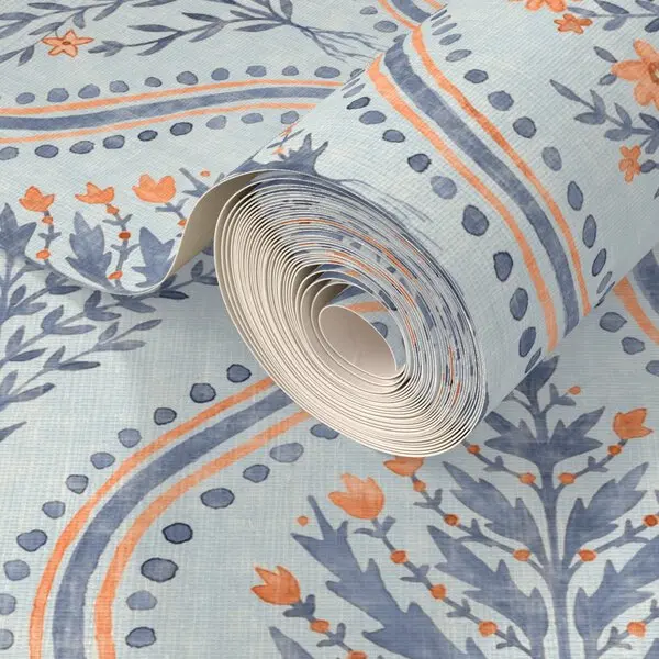 Spoonflower Large Monticello Blue Coral On Soft 100% Natural Sisal Grasscloth Wallcovering - Coral,orange,pink