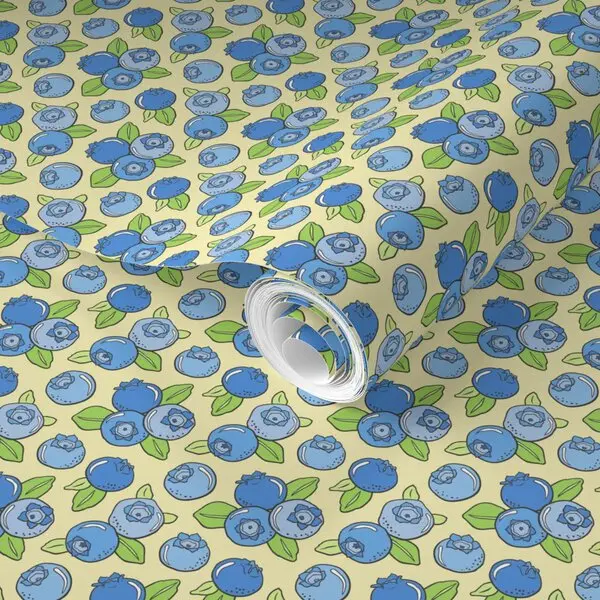 Spoonflower Blueberries Fruit On Yellow Custom Pre-pasted Wallpaper - Green,blue