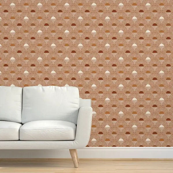 Spoonflower Retro Sunshine Horizons Boho Neutral Fall Caramel 100% Natural Sisal Grasscloth Wallcovering - Beige
