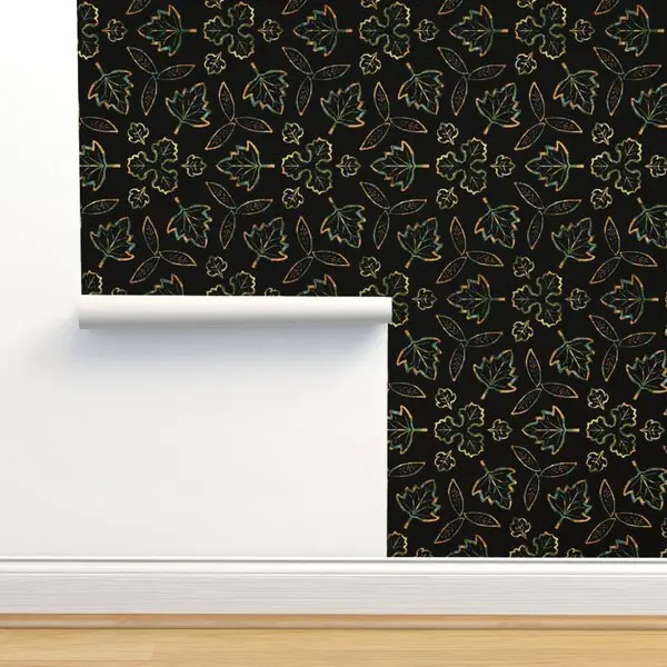 Spoonflower Leaf Batik Black 100% Natural Sisal Grasscloth Wallcovering