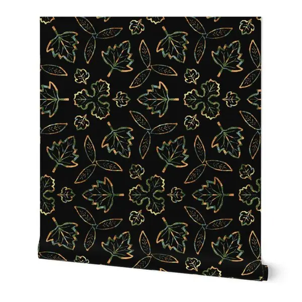 Spoonflower Leaf Batik Black 100% Natural Sisal Grasscloth Wallcovering