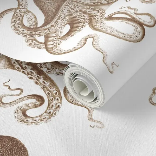 Spoonflower Octopus Sepia Ikat Brown Steampunk Nautical Custom Removable Wallpaper - Brown,white,gray