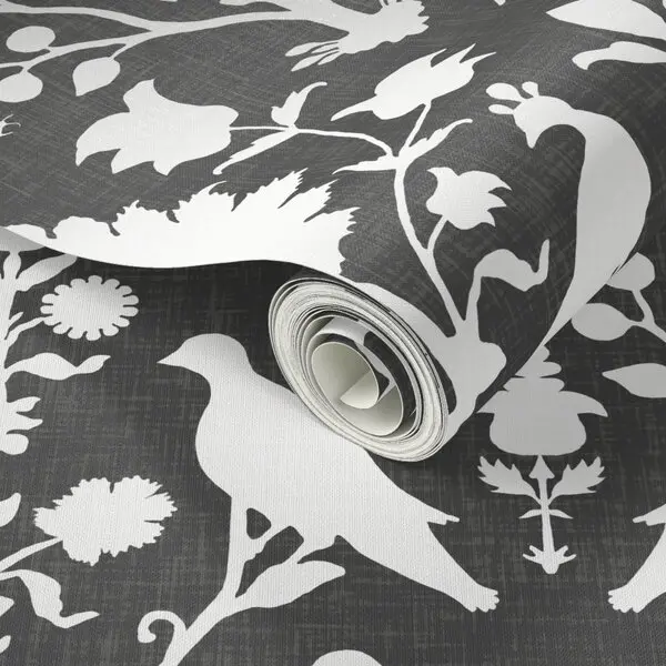 Spoonflower Dark Charcoal Birds Peacocks Black French Floral Custom Pre-pasted Wallpaper - Black,white,gray