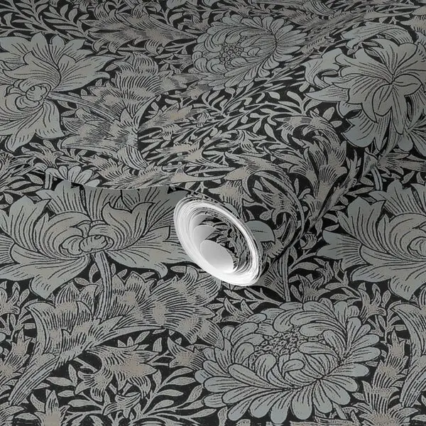 Spoonflower Goth Grey Autumn Gothic Chrysanthemums Custom Removable Wallpaper - Black,white,gray