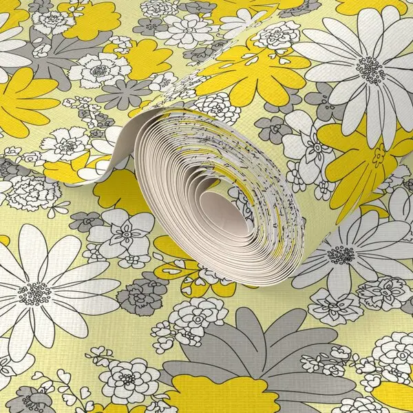 Spoonflower Retro Flowers In Yellow And 100% Natural Sisal Grasscloth Wallcovering - Yellow,gray
