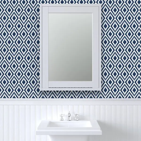Spoonflower Diamonds Blue Geometric Navy Beach Custom Pre-pasted Wallpaper - Blue,navy