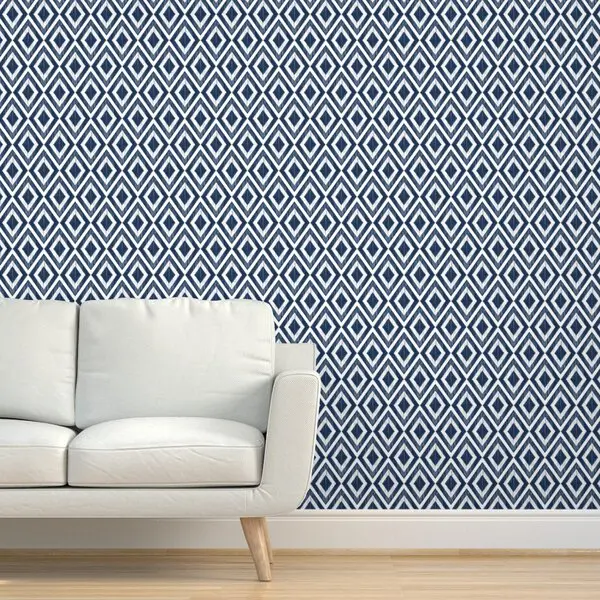 Spoonflower Diamonds Blue Geometric Navy Beach Custom Pre-pasted Wallpaper - Blue,navy
