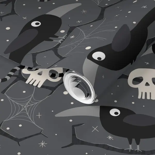 Spoonflower Black And White Stars Crow & Skulls Halloween Custom Pre-pasted Wallpaper - Gray,white