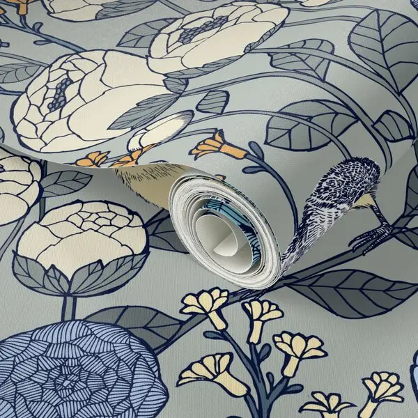 Spoonflower Winter Garden Birds Flowers Snow Day Floral Silver Custom Pre-pasted Wallpaper - Silver,blue,green
