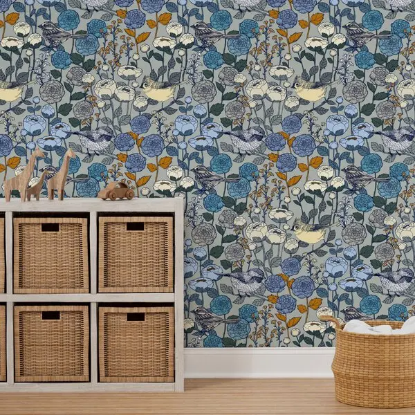 Spoonflower Winter Garden Birds Flowers Snow Day Floral Silver Custom Pre-pasted Wallpaper - Silver,blue,green
