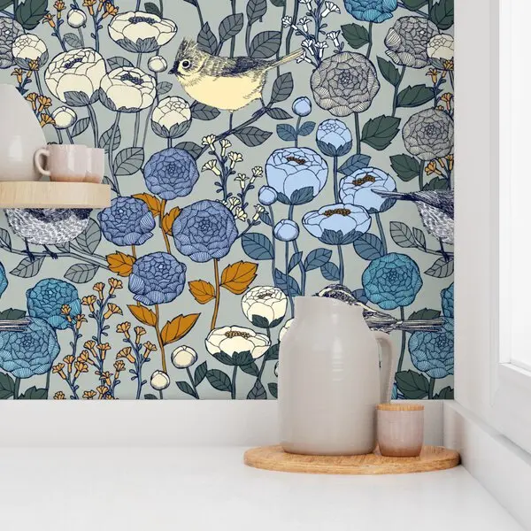 Spoonflower Winter Garden Birds Flowers Snow Day Floral Silver Custom Pre-pasted Wallpaper - Silver,blue,green