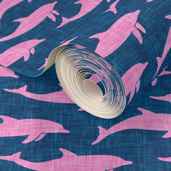 Spoonflower Nautical Summer Beach Pink Blue Dolphin Watercolor 100% Natural Sisal Grasscloth Wallcovering - Blue,pink,purple