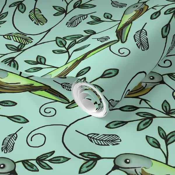 Spoonflower Vintage Green Chartreuse Leaves Brown Birds Custom Removable Wallpaper - Teal,green,blue