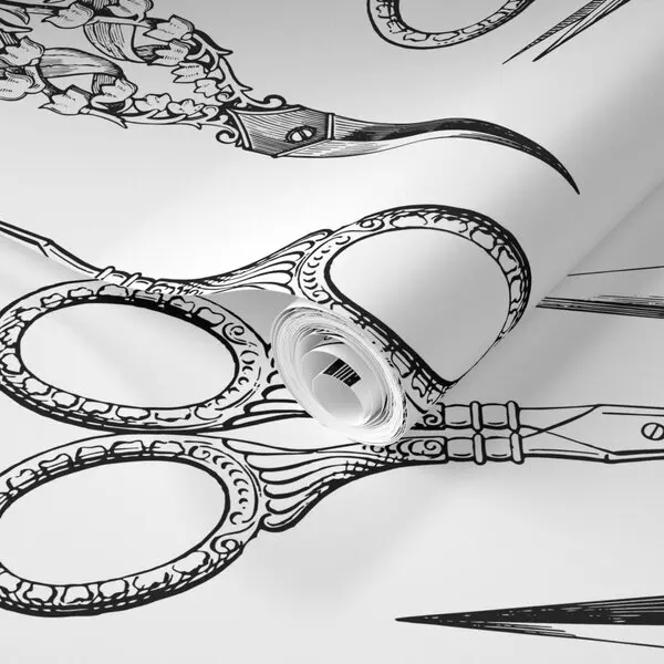 Spoonflower Black And White Vintage Scissors Craft Traditional Wallpaper - Black,white,gray