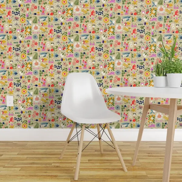 Spoonflower Ediths Garden Beige Traditional Wallpaper