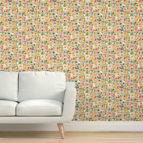 Spoonflower Ediths Garden Beige Traditional Wallpaper