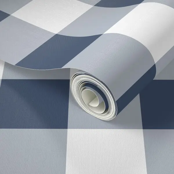 Spoonflower White Gingham Squares Buffalo Check Blue Jeans Custom Pre-pasted Wallpaper - White,blue