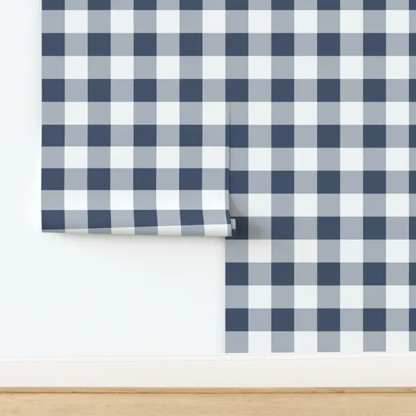 Spoonflower White Gingham Squares Buffalo Check Blue Jeans Custom Pre-pasted Wallpaper - White,blue