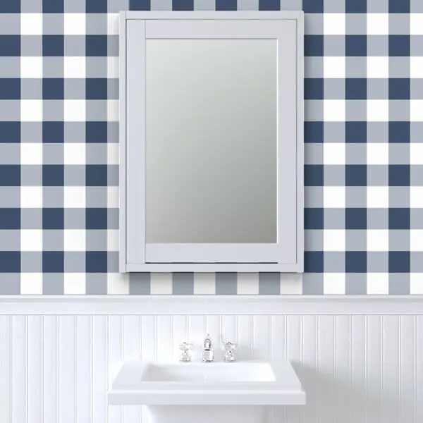Spoonflower White Gingham Squares Buffalo Check Blue Jeans Custom Pre-pasted Wallpaper - White,blue