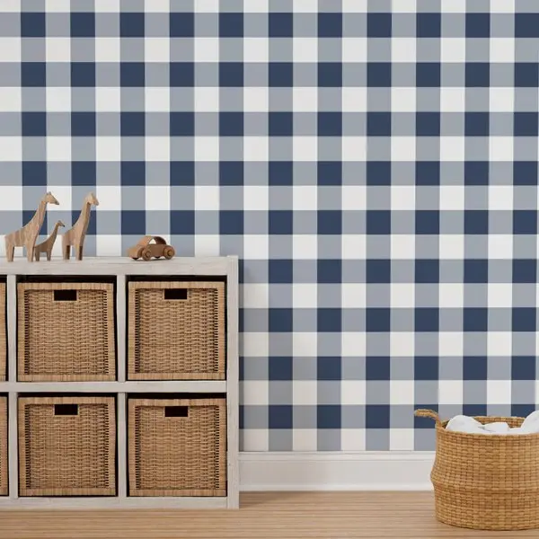 Spoonflower White Gingham Squares Buffalo Check Blue Jeans Custom Pre-pasted Wallpaper - White,blue