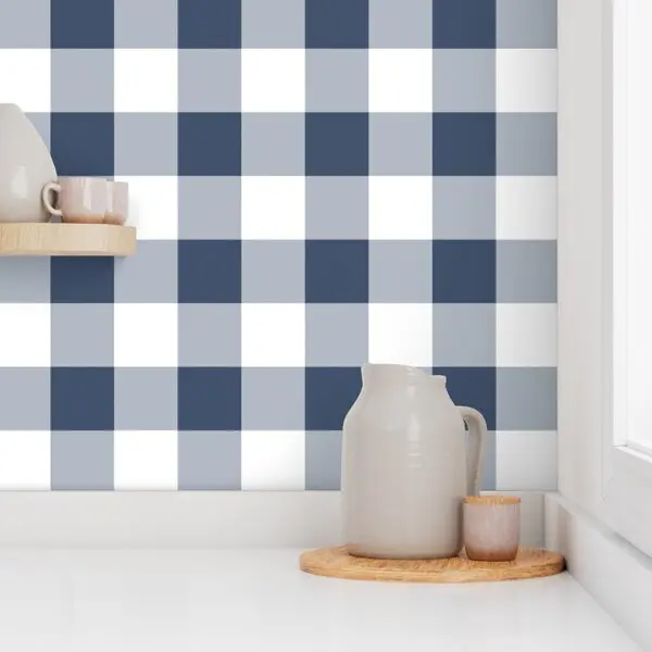 Spoonflower White Gingham Squares Buffalo Check Blue Jeans Custom Pre-pasted Wallpaper - White,blue