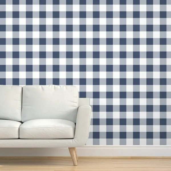 Spoonflower White Gingham Squares Buffalo Check Blue Jeans Custom Pre-pasted Wallpaper - White,blue