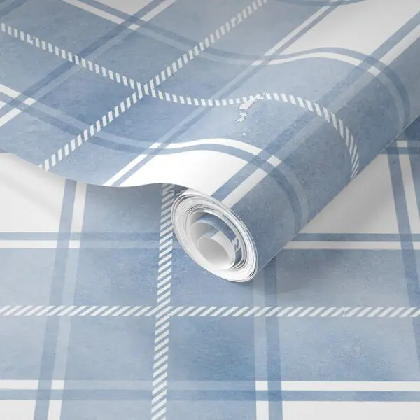 Spoonflower Blue Watercolor Plaid Light Distressed Look Check Traditional Wallpaper - Blue,white