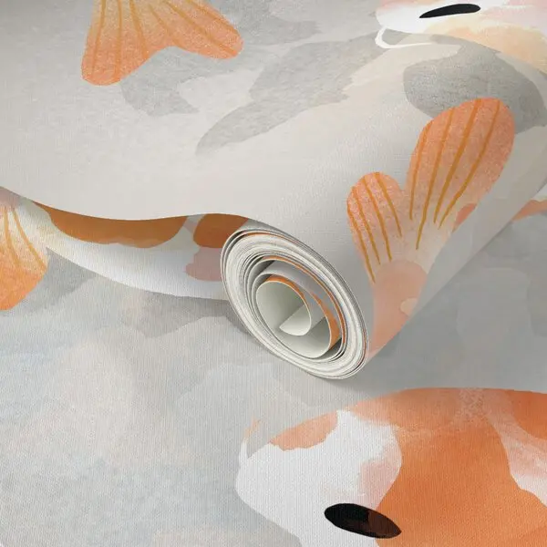Spoonflower Japanese Koi Fish Garden Pond Orange Traditional Wallpaper - Orange,gray,white