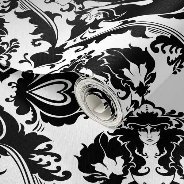 Spoonflower Mermaids Damask Victorian Sea Creatures Magical Custom Pre-pasted Wallpaper - Black,white,gray