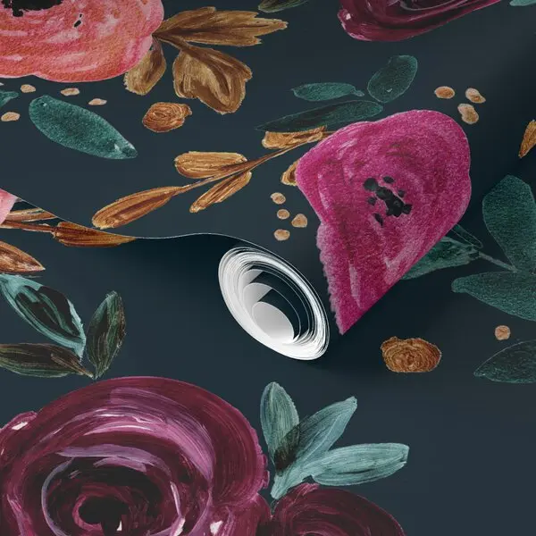 Spoonflower Pink Flower Vintage Teal Floral Dark Custom Removable Wallpaper - Pink,black,purple