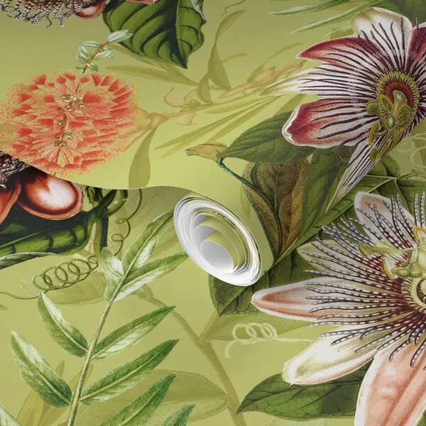 Spoonflower Vintage Passiflora Flowers Green Custom Pre-pasted Wallpaper - Green,pink