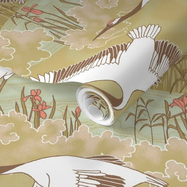 Spoonflower Bird Birds Japanese Spring Landscape Sunrise Crane Traditional Wallpaper - Brown,white,beige