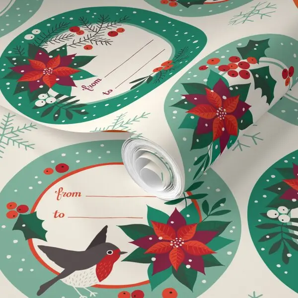 Spoonflower Poinsettia Christmas Vintage Labels Custom Removable Wallpaper - Green,red