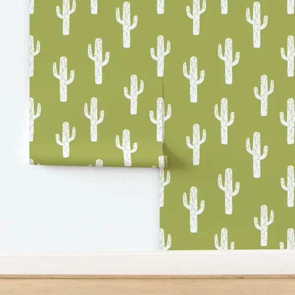 Spoonflower Lime Green Nursery Cactus Cacti Custom Pre-pasted Wallpaper