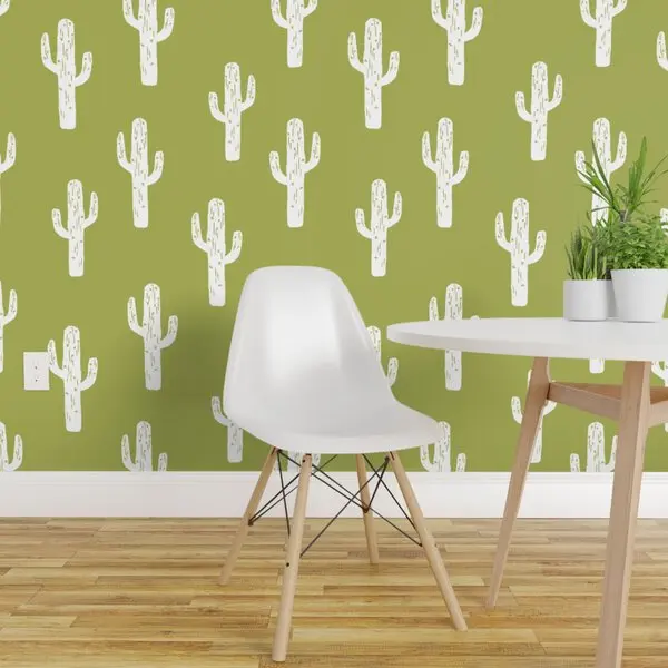 Spoonflower Lime Green Nursery Cactus Cacti Custom Pre-pasted Wallpaper