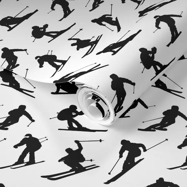 Spoonflower Winter Sports Outdoors Sport Skiing Skis Skiiers Custom Pre-pasted Wallpaper - Black,white,gray