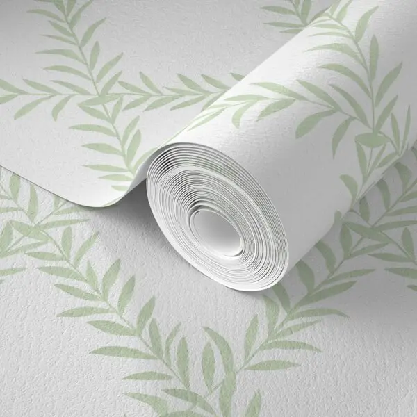 Spoonflower Spring Garden Leaf Vine Green 100% Natural Sisal Grasscloth Wallcovering - White
