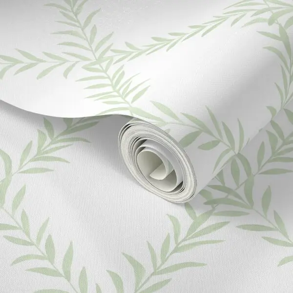 Spoonflower Spring Garden Leaf Vine Green 100% Natural Sisal Grasscloth Wallcovering - White