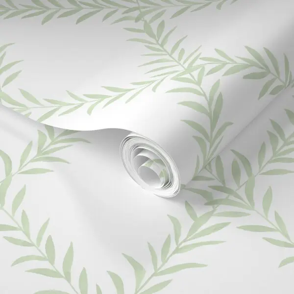 Spoonflower Spring Garden Leaf Vine Green 100% Natural Sisal Grasscloth Wallcovering - White