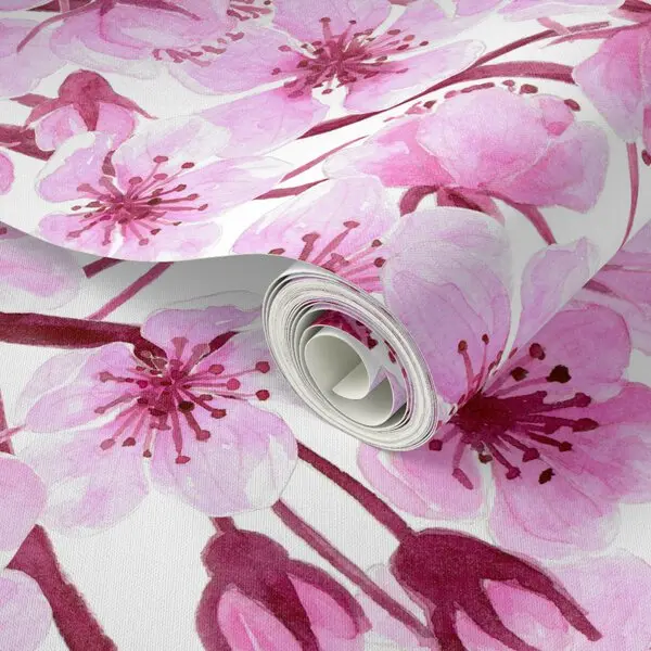 Spoonflower Japanese Cherry Blossoms Traditional Wallpaper - Pink,gray