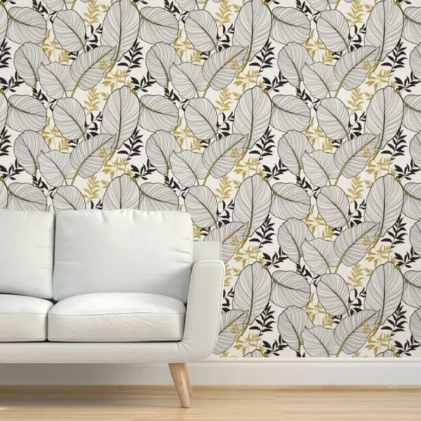 Spoonflower Leaves Monochrome Lines 100% Natural Sisal Grasscloth Wallcovering