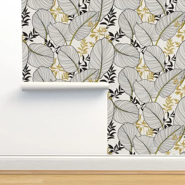 Spoonflower Leaves Monochrome Lines 100% Natural Sisal Grasscloth Wallcovering