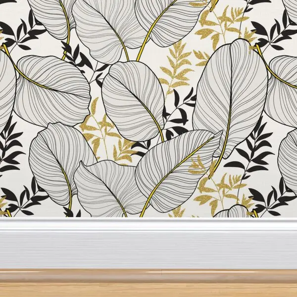 Spoonflower Leaves Monochrome Lines 100% Natural Sisal Grasscloth Wallcovering