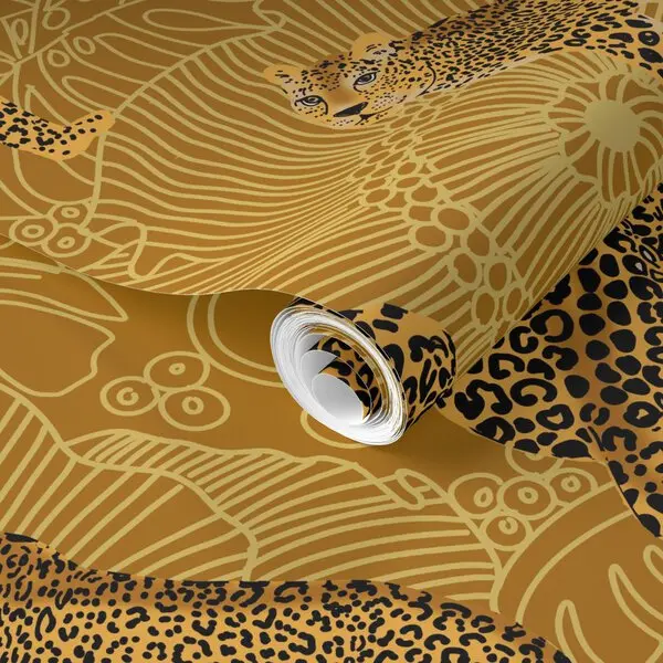 Spoonflower Leopard Cheetah Mustard Exotic Animal Custom Pre-pasted Wallpaper - Yellow,black,orange