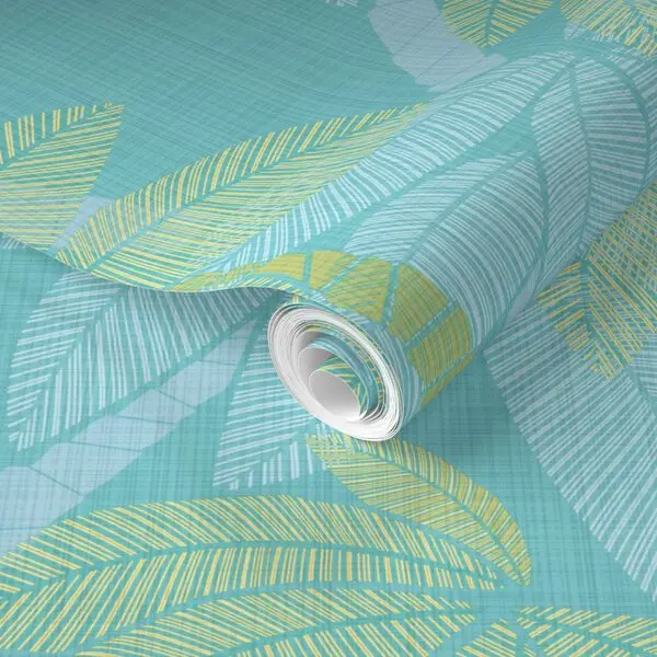 Spoonflower Lime Green Palm Tree Mustard Yellow Texture Aqua Custom Pre-pasted Wallpaper - Turquoise,green,blue